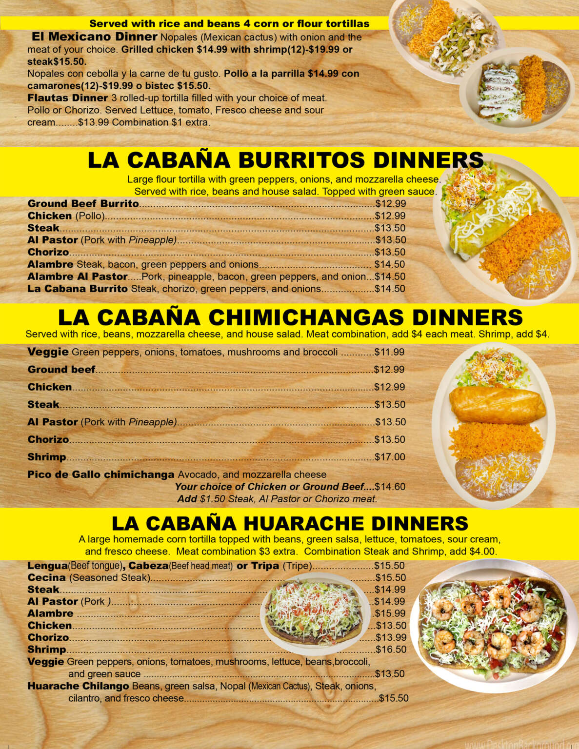Menu – Burritos Chimichangas Huarache - La Cabana